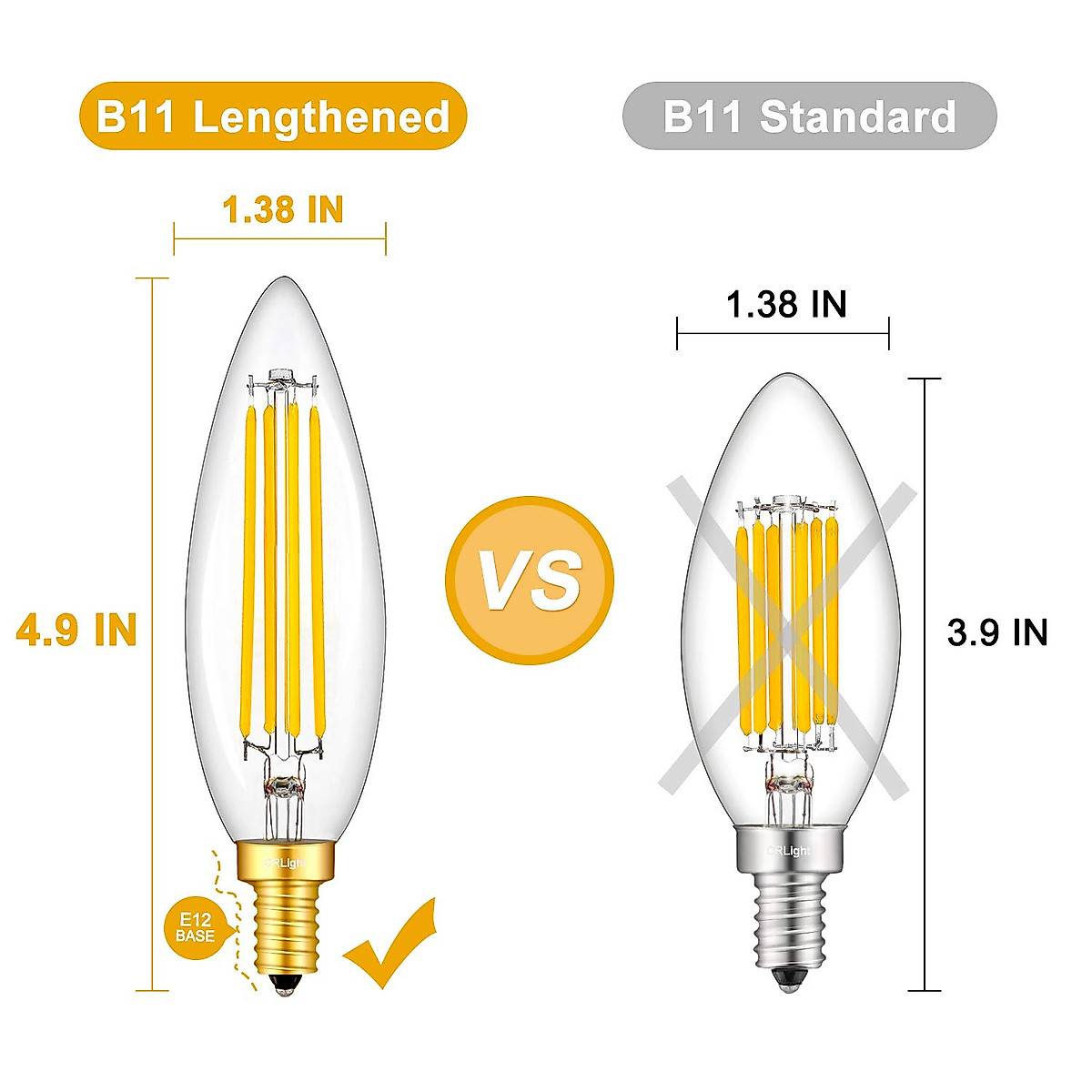 CRLight 8W Dimmable LED Candelabra Bulb 3000K Soft White 80W Equivalent 800LM, E12 LED Candle Bulbs, Upgraded Lengthened & Enlarged B11 Clear Glass Torpedo Shape, Pack of 4