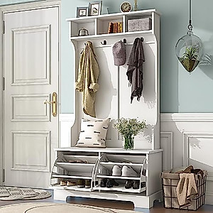 CuisinSmart All in One Hall Tree with 3 Top Shelves and 2 Flip Shoe Storage Drawers, Entryway Coat Garment Rack Storage, Hall Tree with Bench and Shoe Storage, White