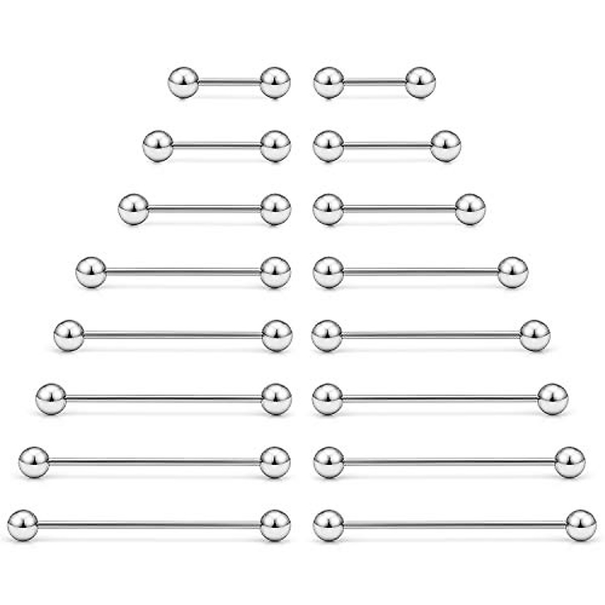 Ftovosyo 16PCS 16 Gauge Mix Sizes Industrial Barbell Cartilage Earring Tongue Helix Nipple Barbell Surgical Steel Body Piercing Jewelry Retainer for Women Men Straight Bar Length 12-40mm