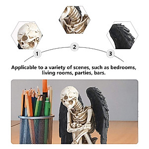 VOSAREA Resin Skeletons Statue Skull Collectible Figurine with Black Angle Wings Resin Figures Decoration for Home Shelves Porch Yard Garden Fireplace Mantle