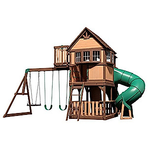 Backyard Discovery Skyfort All Cedar Swing Set, Elevated Covered Wood Roof Clubhouse with Bay Windows, 2 Belt Swings, Web Swing, 10ft Wave Slide, 5 ft Tube Slide, Covered Picnic Table, 5 ft Rock Wall