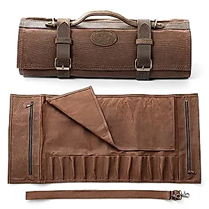 XINZUO Chef Knife Roll Bag-Professional Chef Knife Case-16oz Waxed Canvas and Crazy Horse Leather -With 12 Slots Plus 2 Zipper Pockets to Hold Kitchen Cooking Tools-Travel Tool Roll Pouch(Bag Only)