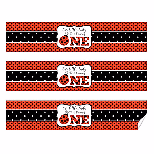 Red Ladybug First Birthday Party Waterproof Water Bottle Sticker Wrappers, 20 1.75" x 8.5" Wrap Around Labels by AmandaCreation