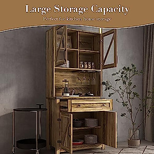 WESOME Farmhouse Bar Cabinet for Liquor and Glasses with Barn Door and Drawer, Liquor Cabinet Bar for Home/Kitchen/Dining Room, Yellow Walnut