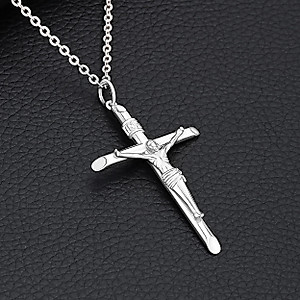 ELEGANZIA Sterling Silver Crucifix Necklace Women Cross Necklace for Men Catholic, Crucifix Pendant with Adjustable 22-24 Inch Silver Necklace Chain Cross Pendant