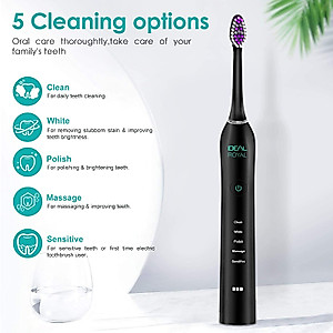 DLM Oral Care 48000 Electric Toothbrush,Powered Toothbrush with 5 Modes & 3 Replacement Brush Heads, Black Wirless Toothbrush Charging for Family&Travel