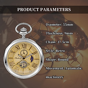 Classic Gold Capless Men's Mechanical Pocket Watch, Smooth Capless Moon Phase Roman Numeral Pointer Mechanical Pocket Watches for Men