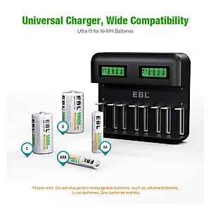 EBL LCD Rechargeable Battery Charger - 8 Bay AA AAA C D Battery Charger for Rechargeable Batteries Ni-MH AA AAA C D Batteries with 2A USB Port, Type C Input