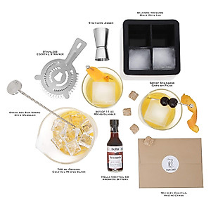 Whiskey Cocktail Kit: Rocks Drinking Glass Set, 750ml Crystal Mixing Glass, Ice Cube Mold, Stainless Bar Spoon Muddler, Strainer, Jigger, Garnish Picks, Bitters, Recipes Cards for Old Fashioned & More