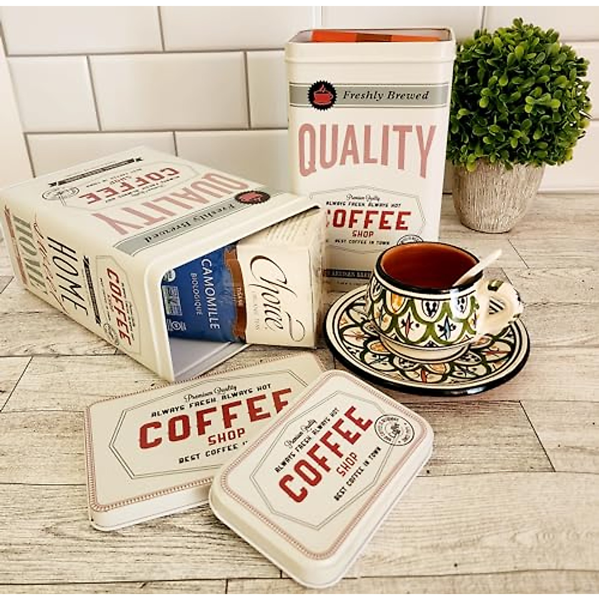 hadaaya Farmhouse Coffee Storage Container Set with Lids – Tall Rectangular Canisters for Coffee & Tea – Airtight White Kitchen Canister Set