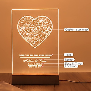 ALBK Custom Star Map - Personalized Star Constellation Map with Light Art Print Acrylic Plaque Led Gift for Special Date Couples Anniversary Engagement Birthday Heart Shape