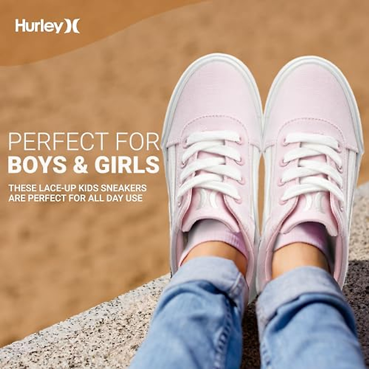 Hurley Boardy Kids Lace Up Canvas Sneakers – Low Cut Skateboarding Shoes for Kids, Sports Shoes for Boys and Girls, Pink White