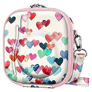 Fintie Protective Case for Fujifilm Instax Mini 12/11/Mini 9/ Mini 8/ Mini 7s/ Mini 90/ Mini 70 Instant Camera - Shockproof Hard Shell Carrying Case with Removable Adjustable Strap, Raining Hearts