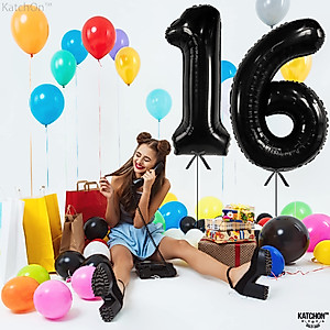 KatchOn, Giant Black 16 Balloon Numbers - 40 Inch | 16 Birthday Balloons for Sweet 16 Birthday Decorations | 16th Birthday Decorations for Boys | Sixteen Balloon, 16th Birthday Decorations for Girls