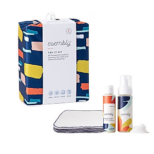 Esembly Cloth Diaper Try-It Kit (Size 1, Brushstroke) and Esembly Wipe Up Wash Kit and 12pk Wipe Ups Bundle, Organic Cotton Reusable Diaper Wipes plus Organic No-Rinse Foaming Wipes Solution