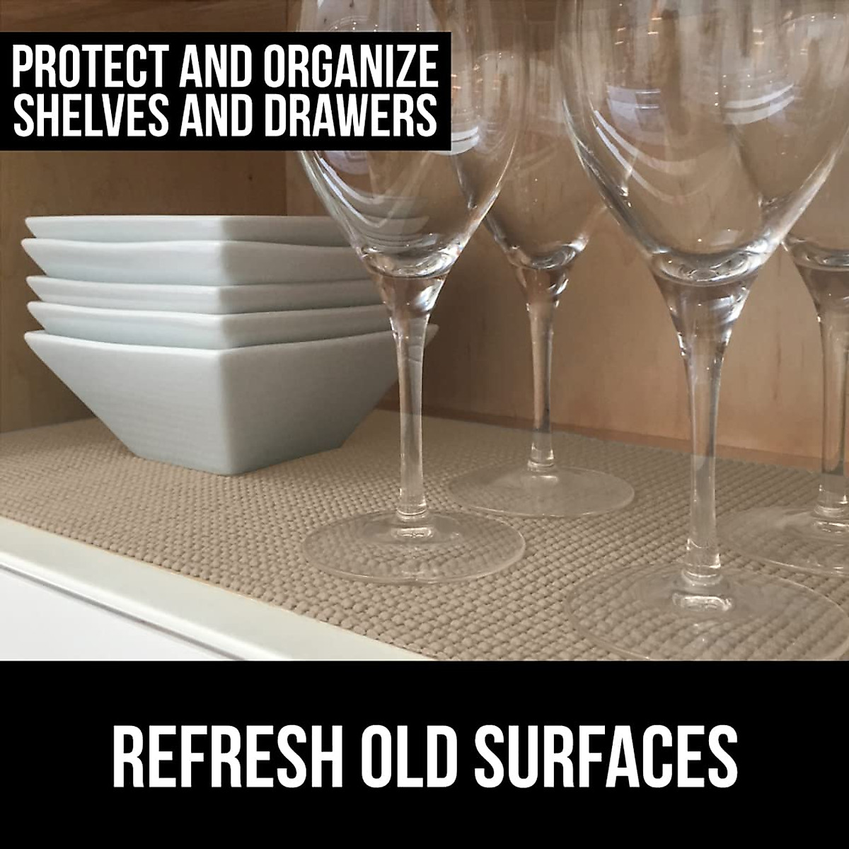 Gorilla Grip Drawer Liner and Smooth Drawer Liner, Shelf Liner Size 17.5x10, Bathroom Storage Shelves, Smooth Liner Size 17.5x20, Non Adhesive, Both in Beige, 2 Item Bundle