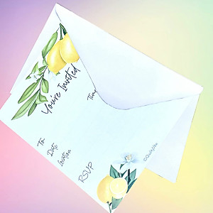 25 Lemon & Greenery Invitations With Envelopes, Weddings, Graduations & Birthdays. Fall & Spring Blooming Lemons Theme. Thick & Non Coated Cardstock For Use With Any Pen.