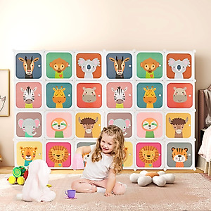 HONEY JOY Kids Wardrobe Closet, Baby Cartoon Clothes Storage Organizer, 12 Cubes & 2 Hanging Sections, Portable Children DIY Modular Bedroom Armoire Dresser Cabinet for Boys Girls (White)