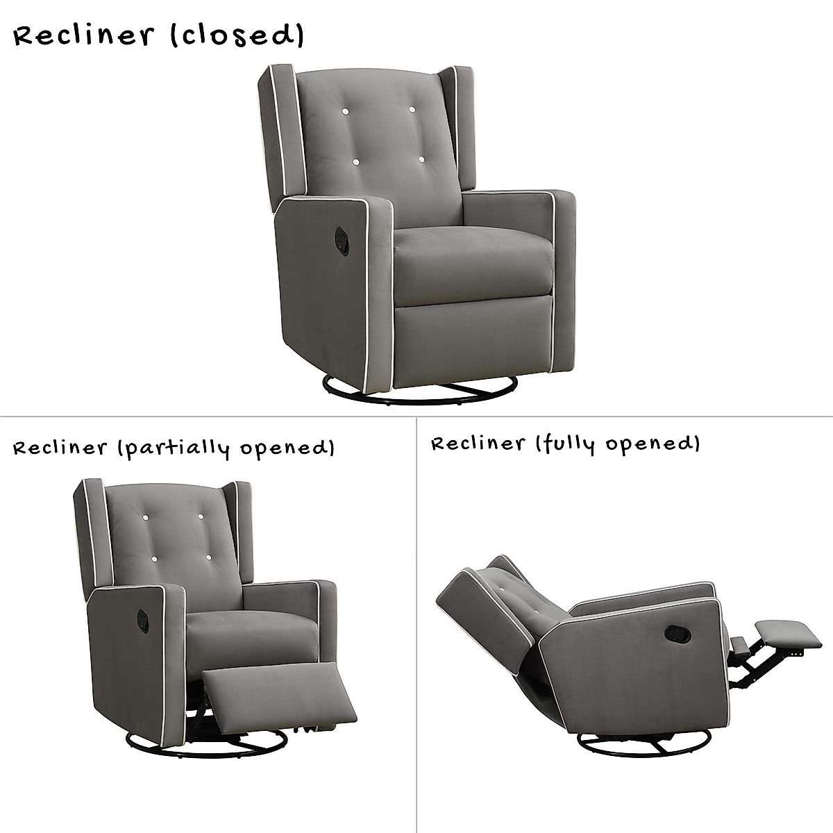 Baby Relax Mikayla 4-in-1 Swivel Glider Rocker Recliner Chair, Gray Microfiber