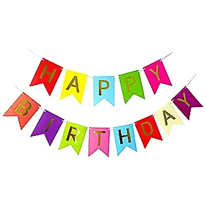 Happy Birthday Banner with Shiny Gold Letters Rainbow Colorful Happy Birthday Bunting Banner for Party Decorations, Swallowtail Flag Happy Birthday Banner, Gold Happy Birthday Banner for Kids Birthday