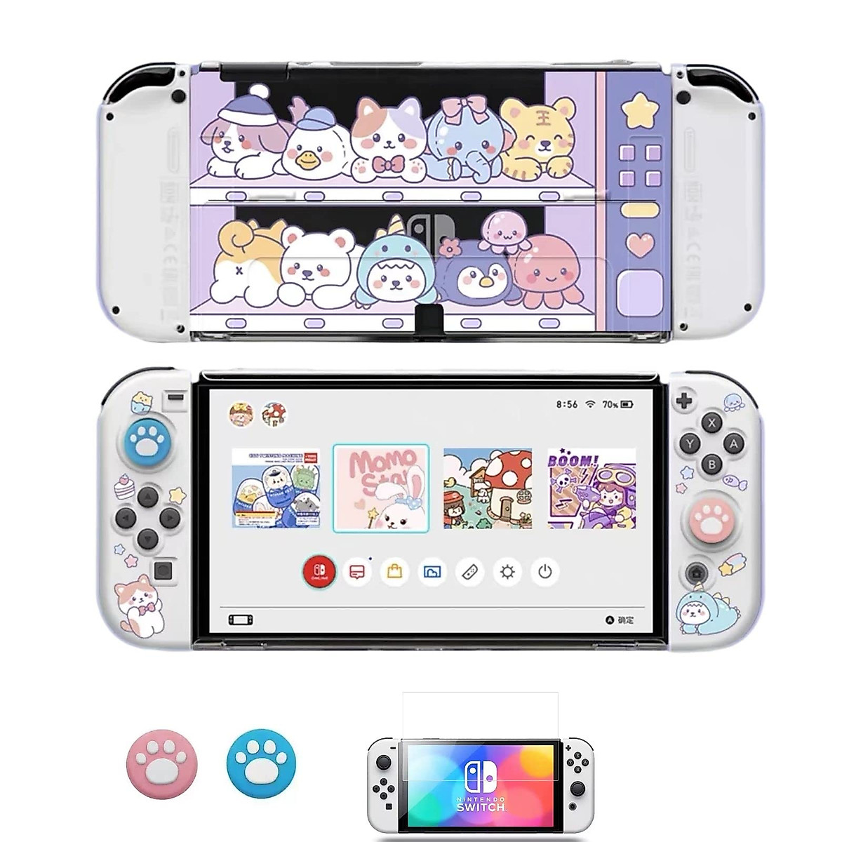 ENFILY Cute Case Compatible with Nintendo Switch OLED 2021, Dockable Case Cover, Ergonomic Soft TPU Grip Case for Joycon, Sparkle Skin Set with Screen Protector and Thumb Caps