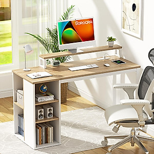 SOROGRA Small Computer Desk with Storage Shelves 39.4 inch Home Office Desk with LED Lights and Power Outlets, Writing Desk with Monitor Stand for Bedroom, Small Space, Oak