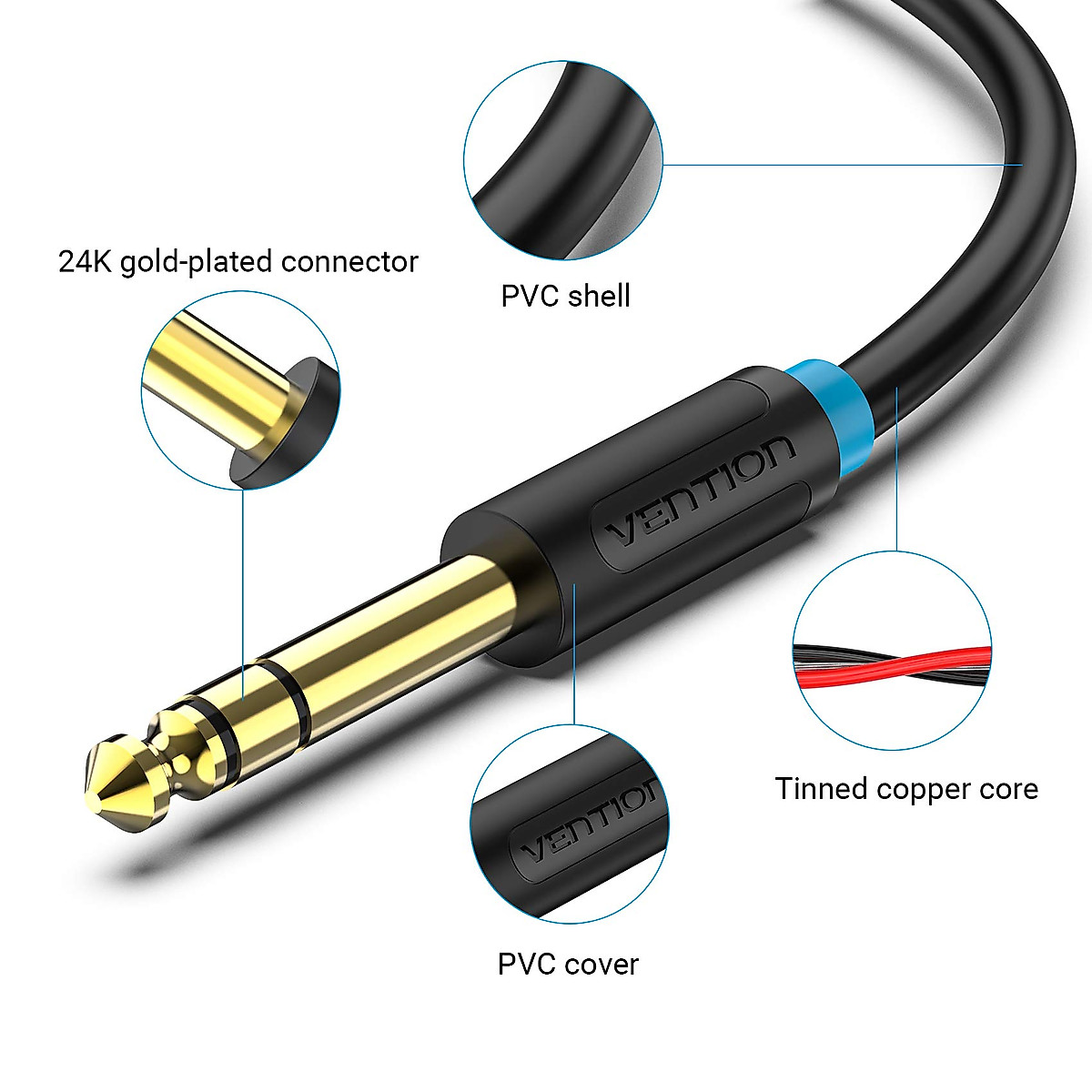Vention 1/8" to 1/4" Male to Male Stereo Cable 3.5mm TRS to 6.35mm Audio Cable Guitar to Aux Male Cord for Cellphone, Amplifiers, Guitar, Laptop, Home Theater Devices, Speaker (1M/3ft)