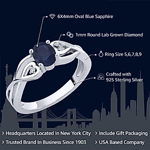 Gem Stone King 925 Sterling Silver Oval Blue Sapphire and White Lab Grown Diamond 3 Stone Engagement Ring For Women (0.56 Cttw, Gemstone Birthstone, Available In Size 5, 6, 7, 8, 9)