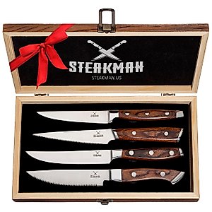 Kitchen Easter Gifts - Steak Knife Set - Unique Present in Wooden Gift Box - Gift Idea for Men Women Wife Husband Dad Mom Adults – Wooden Handles Knives - Gifts for Birthday Anniversary Wedding