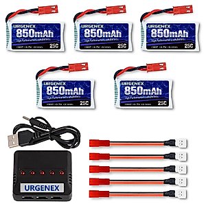 URGENEX 3.7V Lipo Battery 850mah Rechargeable Lipo with JST Plug X5 Charger for MJX Syma Holy Stone Sky Viper RC Quadcopter Drone X56W X400 X400W X300C X400C X800 HS110 HS200 S670 V950hd S1750 V2450
