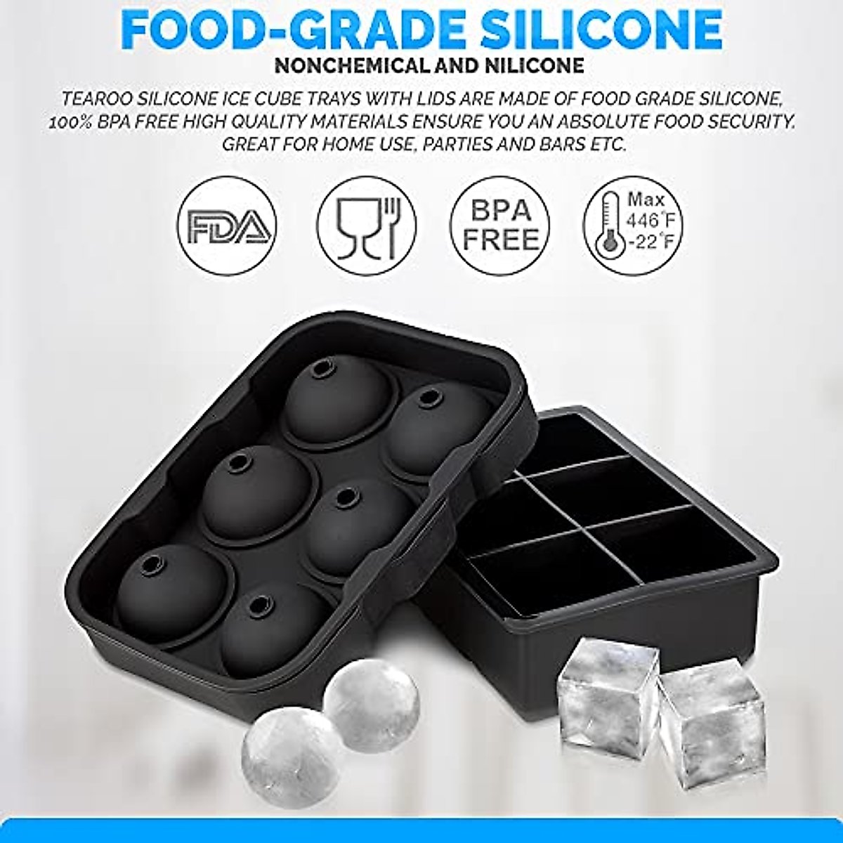 Ice Cube Trays Silicone (Set of 2) Whiskey Ice Ball Mold, Ice Ball Maker Mold, Round Ice Cube Mold, Sphere Ice Cube Mold, Square Large Ice Cube Tray for Cocktails & Bourbon - Easy Release BPA Free