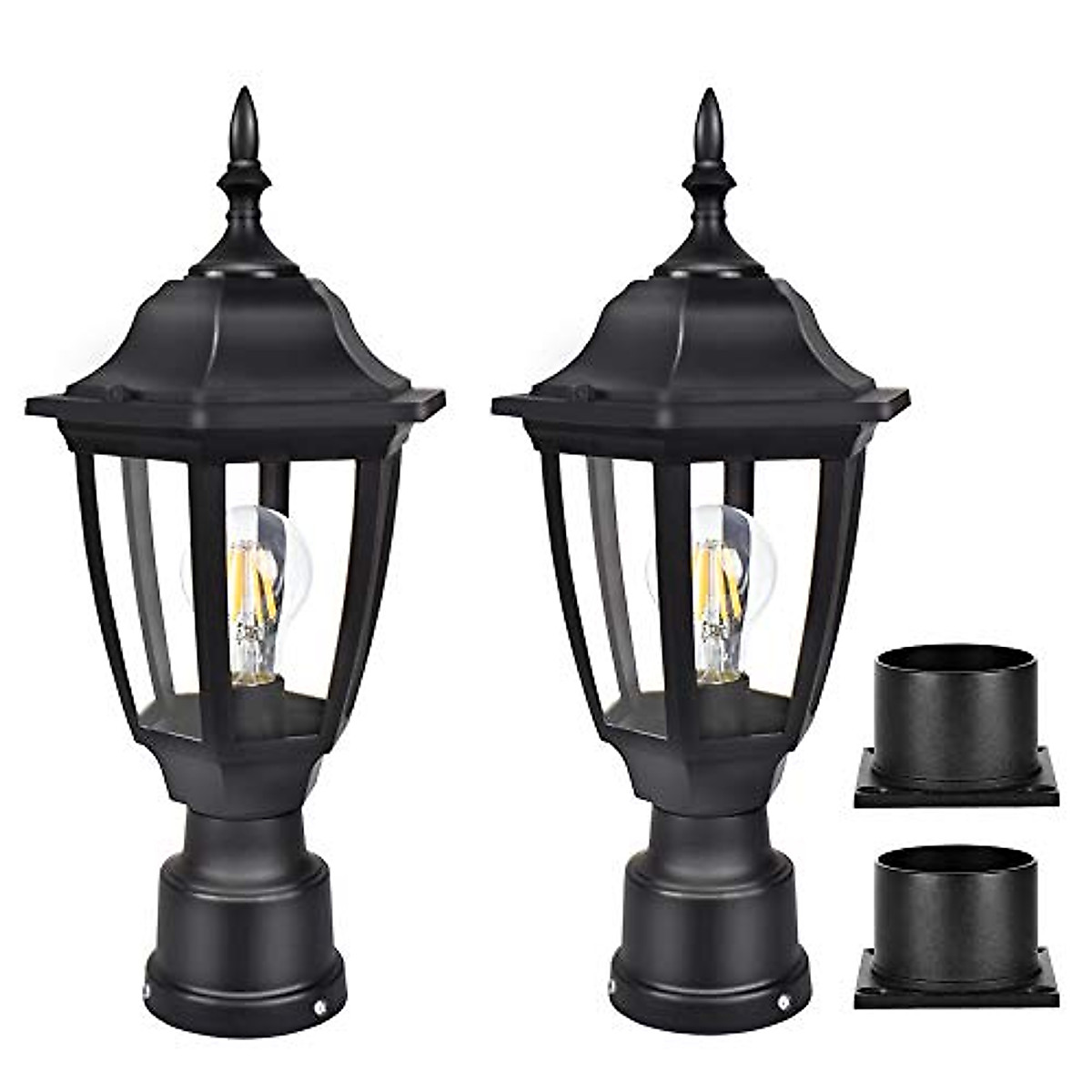 FUDESY Outdoor Post Lights, Electric Exterior Lamp Post Light Fixture with Pier Mount Base, LED Bulb Included, Anti Corrosion Black Plastic Materials, 2-Pack Pole Lanterns for Garden, Patio, Pathway