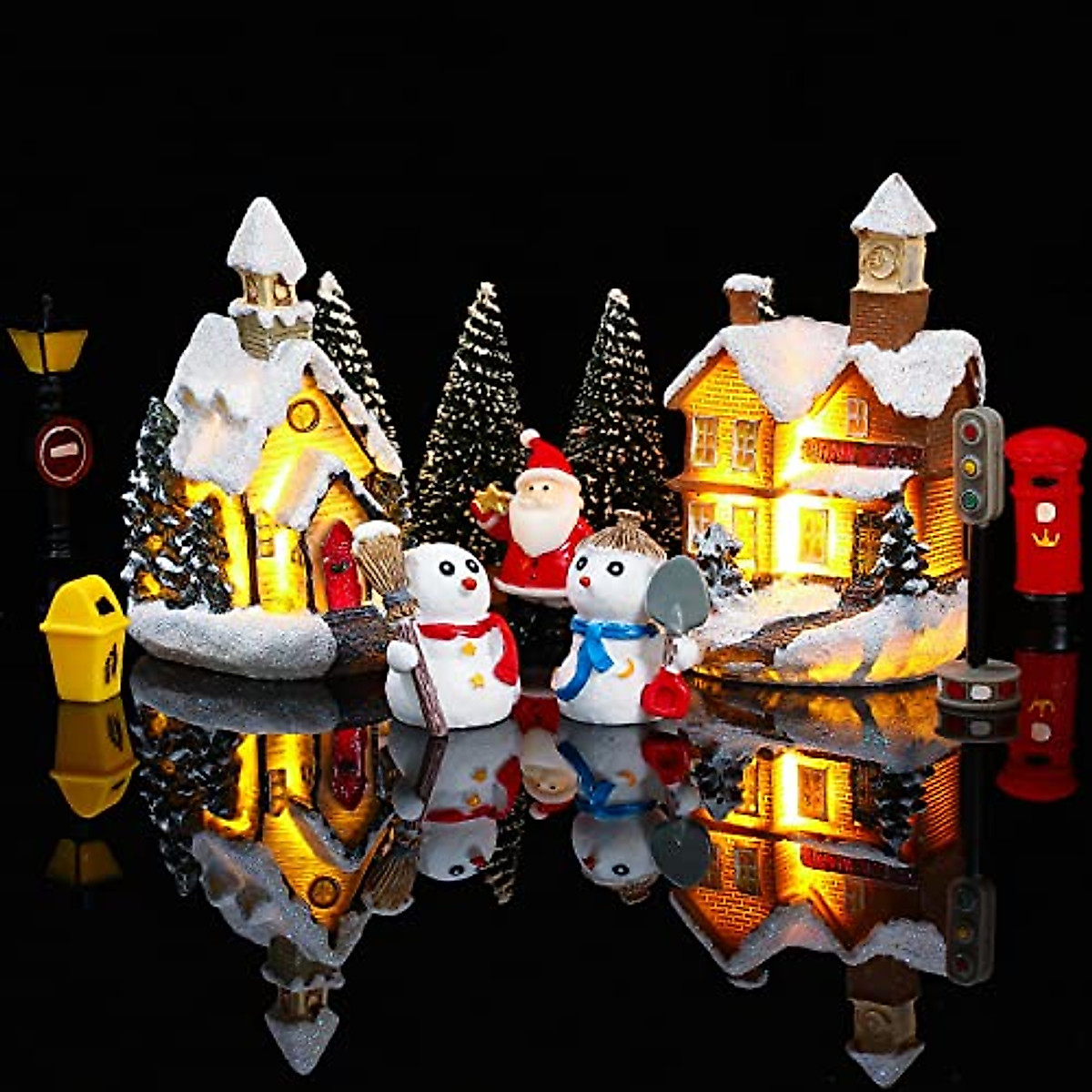 16 Pieces Christmas Village Set - Battery Operated Houses, Xmas Town Scene Desktop Ornament, Figurines, Accessories, Resin Buildings, Landscape Decor
