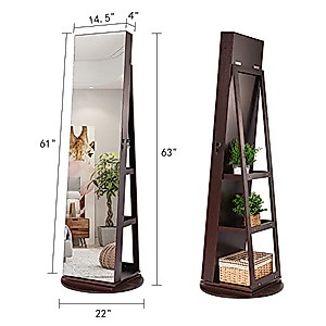 HNEBC LED Light Jewelry Organizer - 360° Rotating Armoire with Mirror, Full Length Cabinet for Jewelry Storage - Large Dark Brown Box Compatible with Alexa/Google Assistant