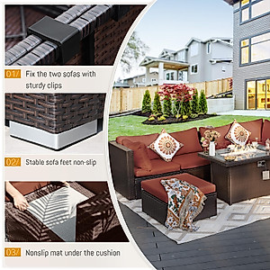 BULEXYARD High Back Brown PE Rattan Outdoor Patio Furniture Set with Propane Fire Pit Table, Large Wicker Outside Sectional Furniture Sofa Conversation Sets for Backyard(Dark Red, 9Pcs-B)
