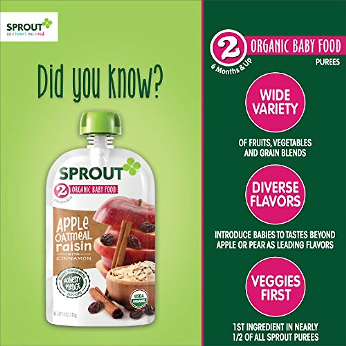 Sprout Organic Stage 2 Baby Food Pouches, Apple Oatmeal Raisin with Cinnamon, 3.5 Ounce (Pack of 6)