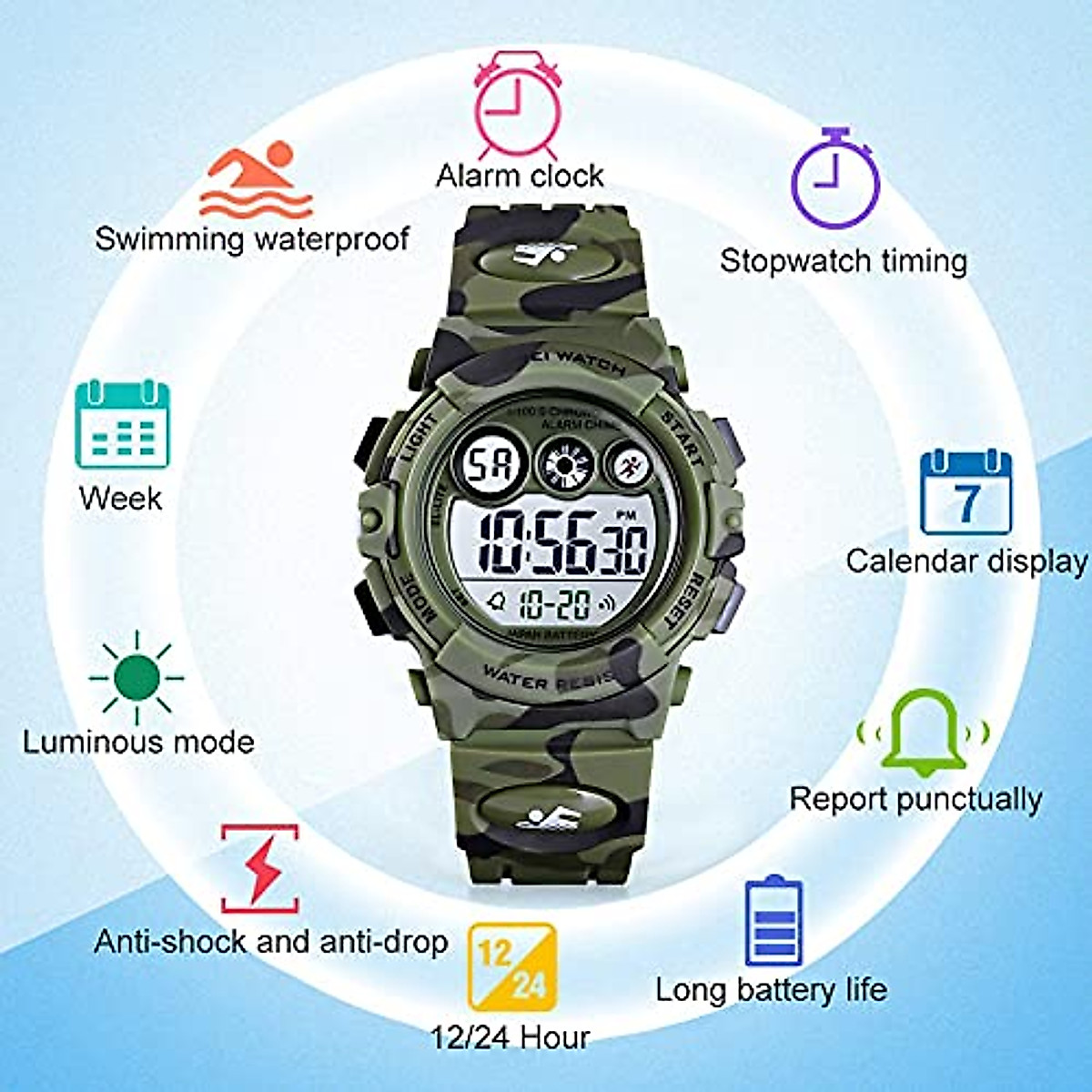 GOLDEN HOUR Watches for Kids Digital Sport Waterproof Boys Watch Outdoor 12/24 H Alarm EL Backlight Stopwatch Military Child Wristwatch Ages 5-15 (Camouflage Green)