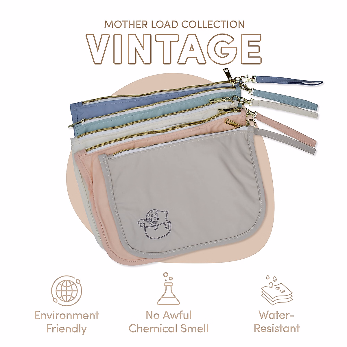 Mother Load - Small Diaper Bag Organizing Pouches , 5-Piece Set of Embroidered Diaper Bag , Vintage Pastels
