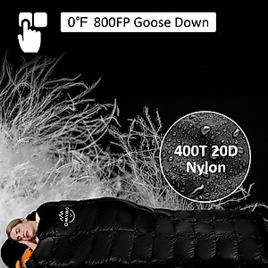 OMVMO 0 Degrees F 800 Fill Power Down Sleeping Bag for Adults,Lightweight 4 Season Envelope Rectangle Down Sleeping Bag for Backpacking Camping,Black Right-Zipper Long