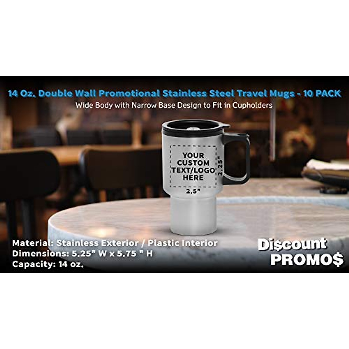 Personalized 14oz Travel Mugs Stainless Steel - 10 Pack - Custom Text, Logo - Stainless Steel