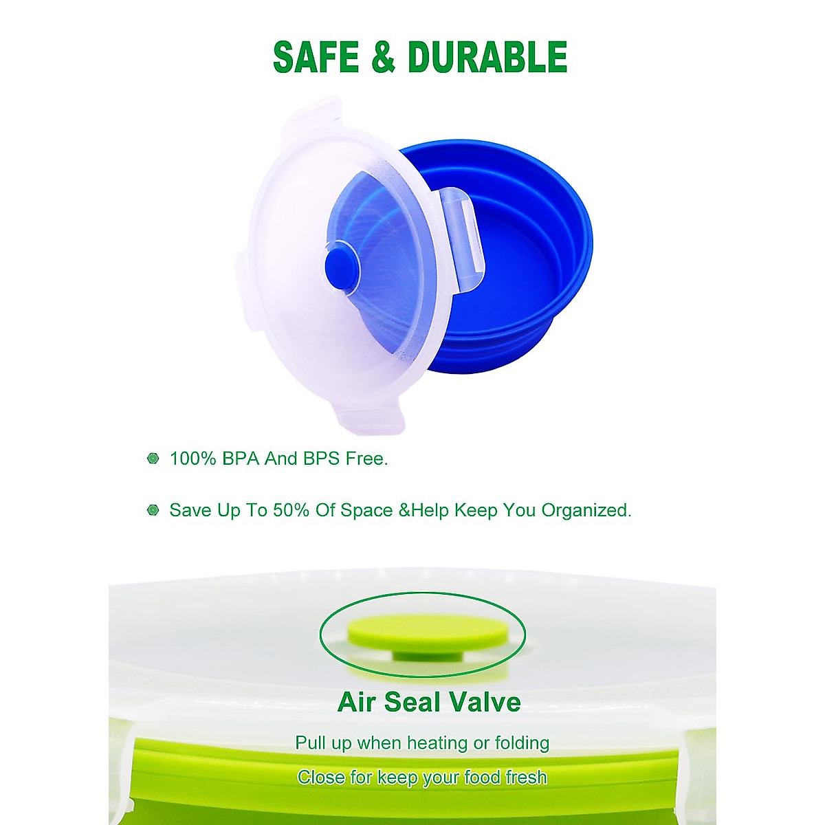 FUSMYE Set of 4 Collapsible Silicone Food Storage Containers With Lids,Round Bowls For Kitchen, Microwave,Dishwasher and Freezer Safe For Camping,Foldable Meal Box, BPA Free