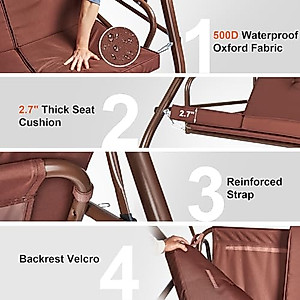 VEVOR 3-Seat Patio Swing Chair, Converting Canopy Swing, Outdoor Patio Porch with Adjustable Canopy, Removable Thick Cushion and Alloy Steel Frame, for Balcony, Backyard, Poolside, Brown