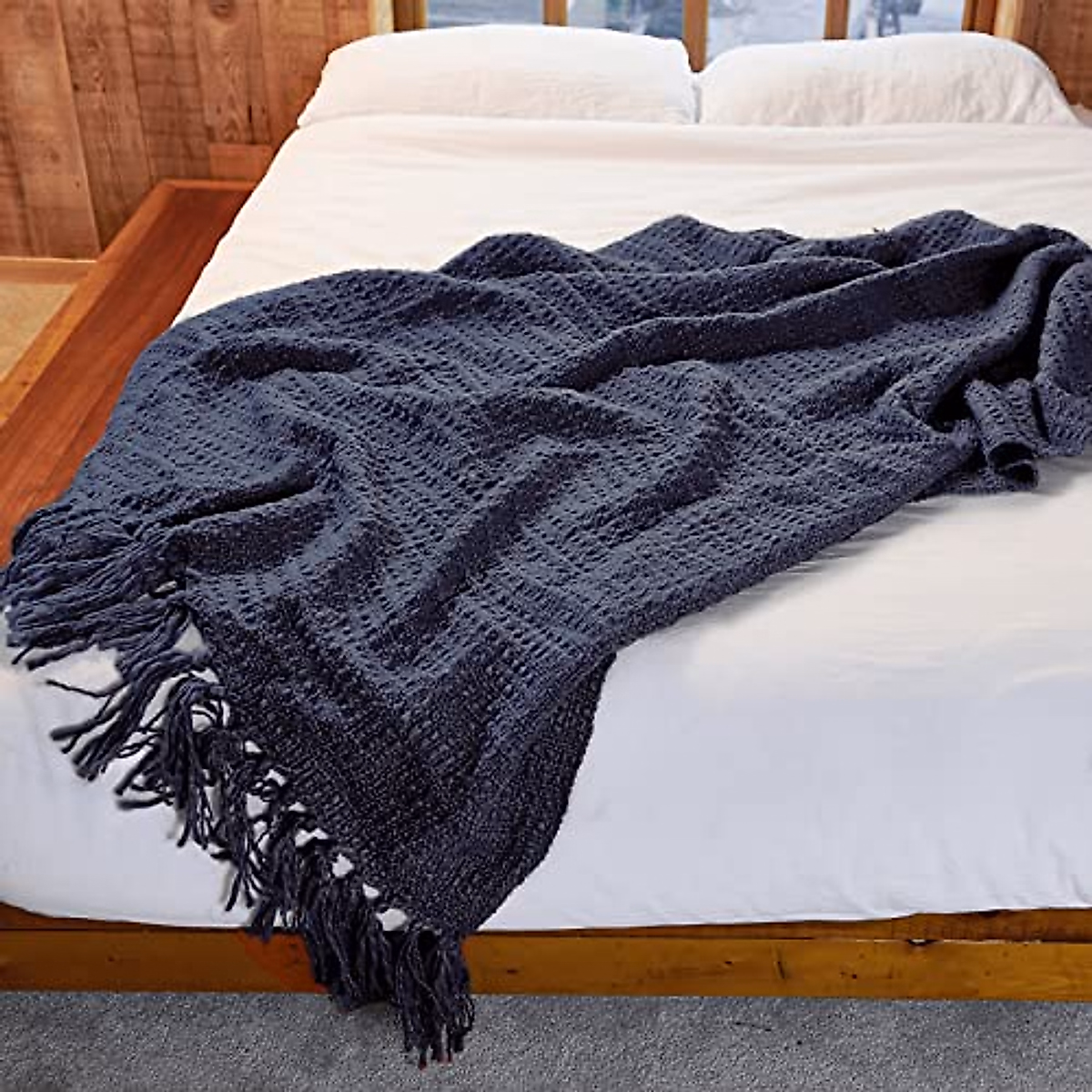 PANDATEX Thick Chunky Navy Blue Knitted Throw Blanket for Couch Chair Sofa Bed, Chic Boho Style Textured Basket Weave Pattern Blanket with Decorative Fringe, 50"x60"