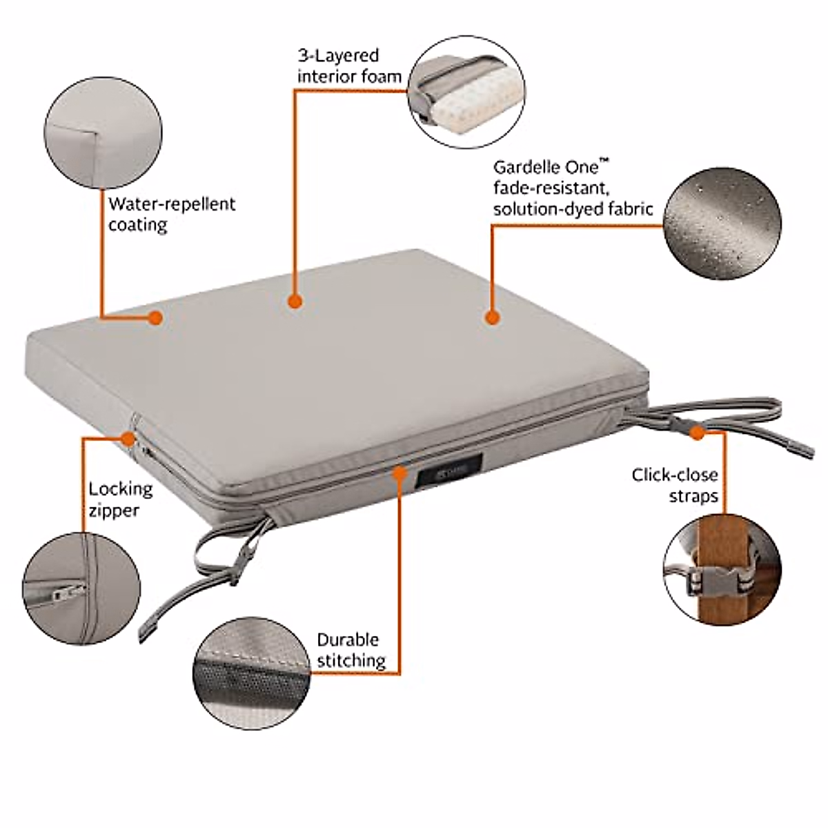 Classic Accessories Ravenna Water-Resistant Patio Chair Seat Cushion, 18 x 18 x 2 Inch, Mushroom, Patio Furniture Cushions