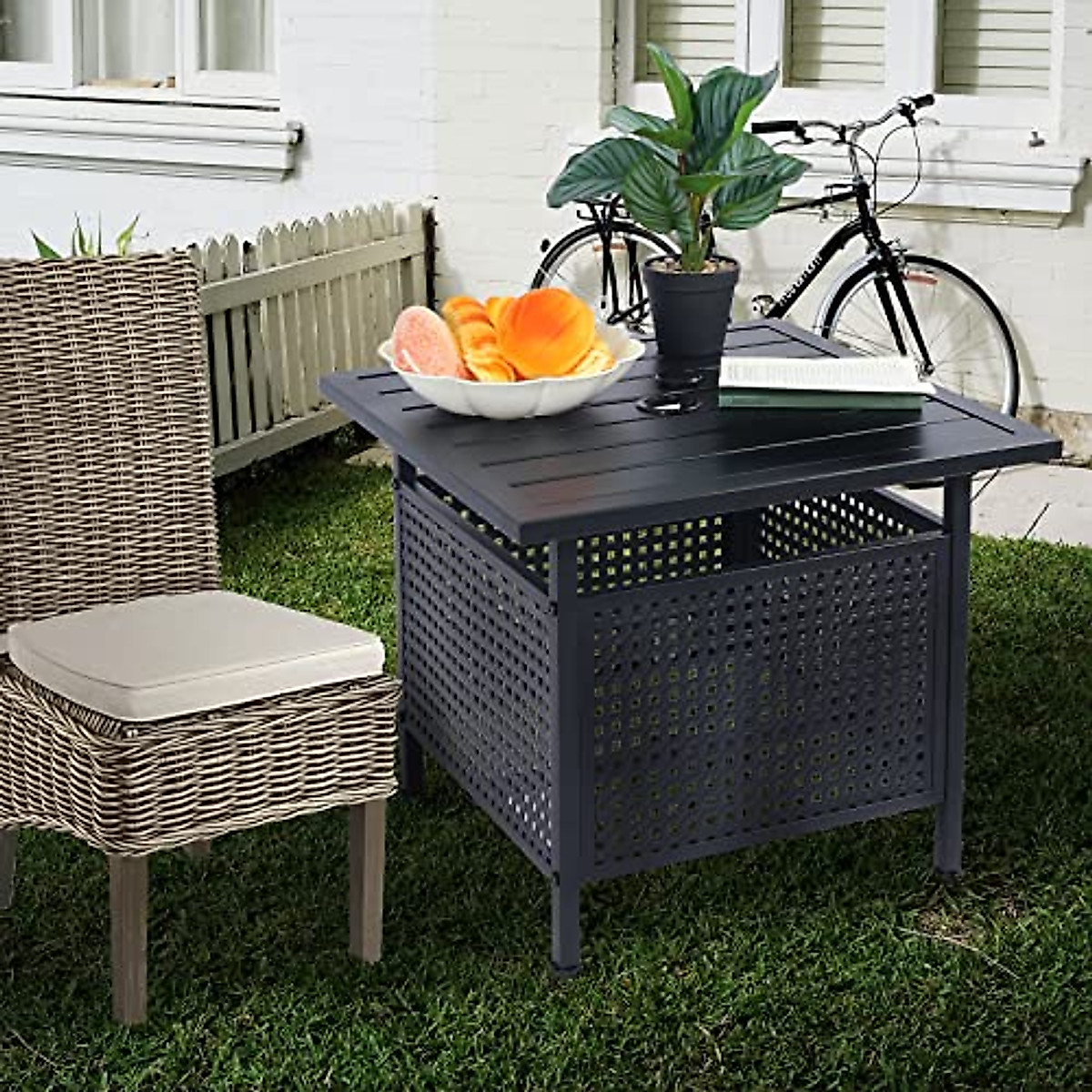 ALUPOM Patio Umbrella Table with 1.6 Inches Hole, Square Metal Patio Bistro Side Table Stand for Pool Garden Backyard,Black