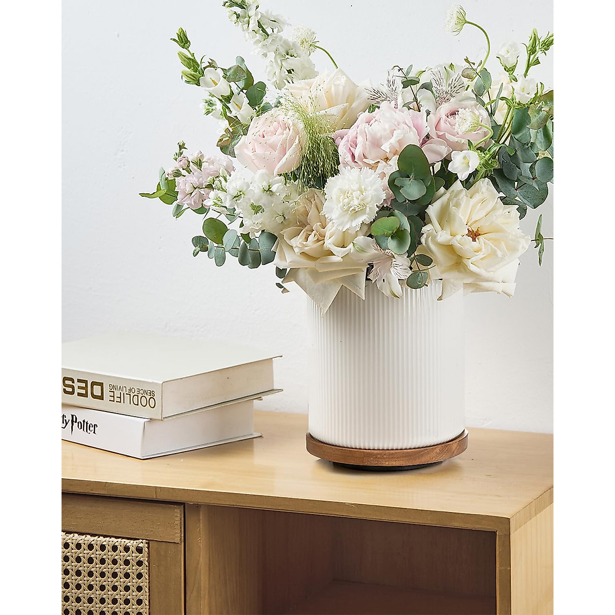 getstar Utensil Holder, 360° Rotating Large Kitchen Utensil Holder, Ceramic Cooking Utensil Holder for Kitchen Counter with Rotatable and Detachable Wooden Base