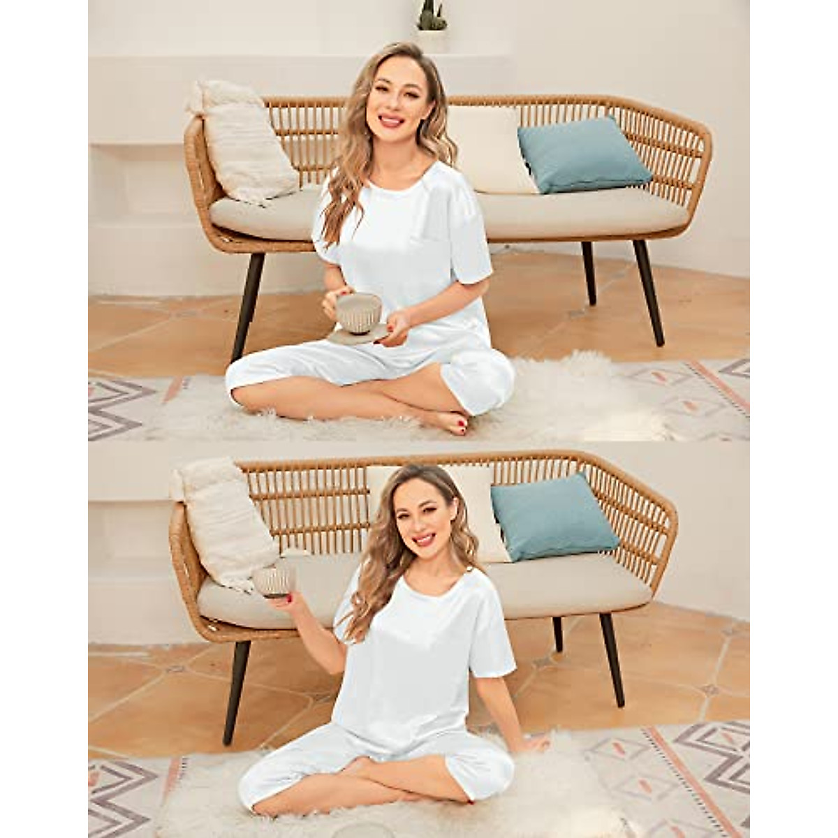 SWOMOG Womens 2 Piece Satin Pajamas Silk Short Sleeve Pjs Sets Capri Bottom Pajama Pants Soft Outfits with Pockets White