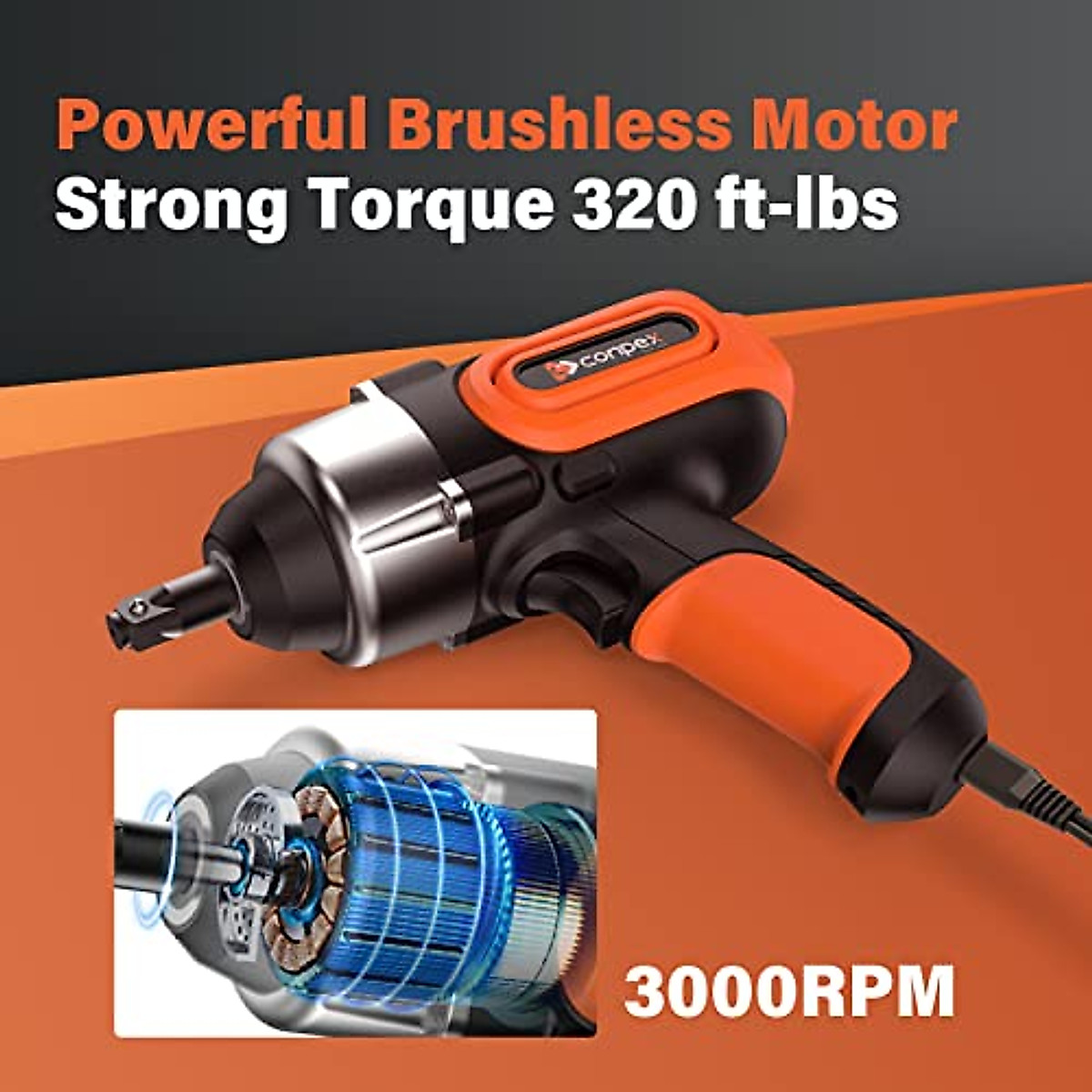 CONPEX Electric Impact Wrench with Detent Ball Anvil, Impact Wrench 1/2 inch 320ft-lbs Max Torque 12V Corded Impact Gun 2 Impact Sockets Brushless Power Impact Gun Pistola De Impacto