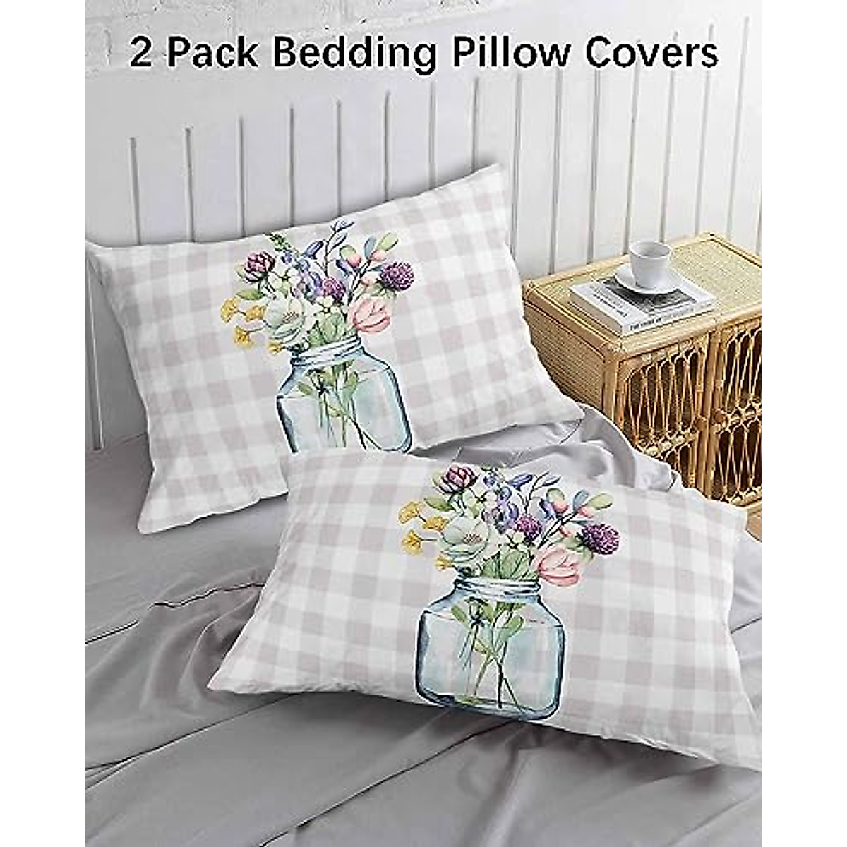 Edwiinsa Spring Floral Pillow Covers King Standard Set of 2 20x36 Bed Pillow, Summer Colorful Flower Beige Plaid Plush Soft Comfort for Hair/Skin Cooling Pillowcases with Envelop Closure