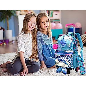 Oruiji Mermaid Rolling Backpack for Girls Rolling Backpack for School Backpack with Wheels for Girls Roller Backpack for Elementary Girls with Lunch Box